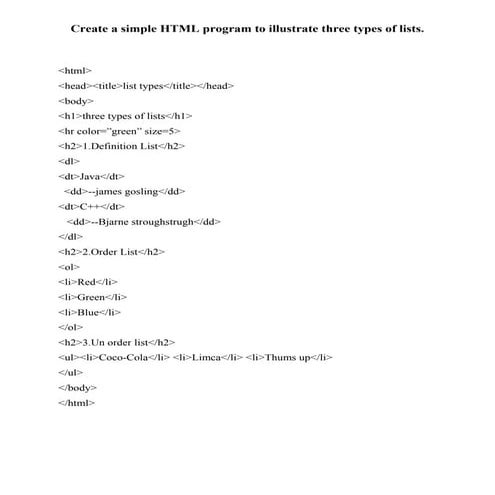 5.illustrate three types of lists using html for menu realated program ...