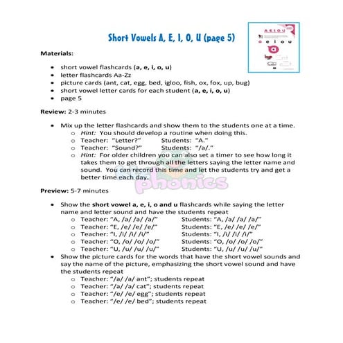 5 short vowels a e i o u - short a | PDF | Education