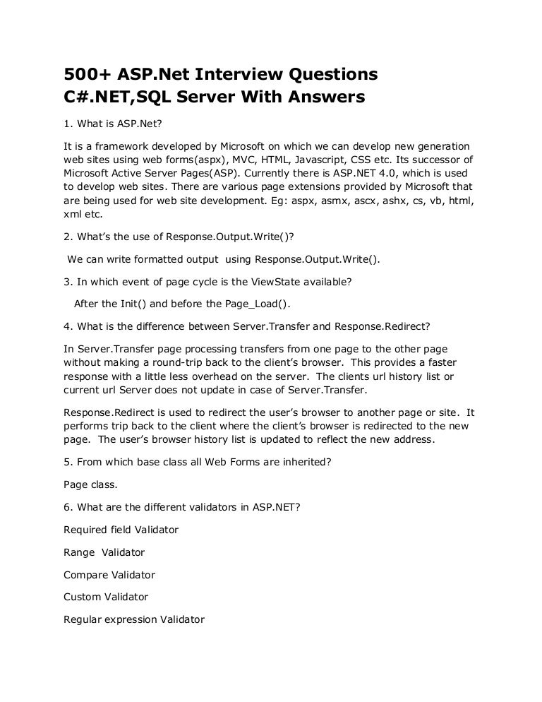 500 Aspnet Interview Questions Cnetsql Server With Answers