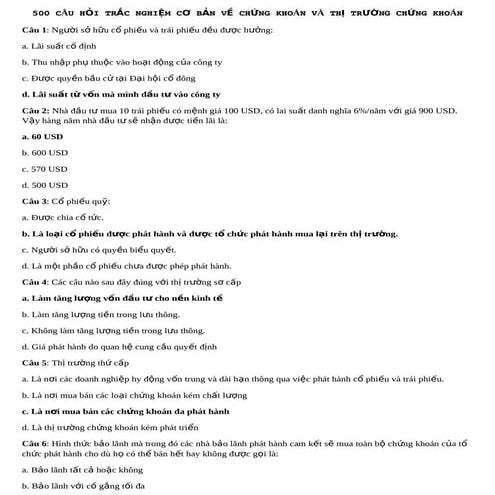 500 cau hoi trac nghiem chung khoan | PDF