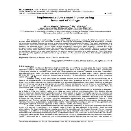 Implementation smart home using internet of things | PDF