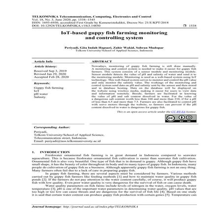 IoT-based guppy fish farming monitoring and controlling system | PDF