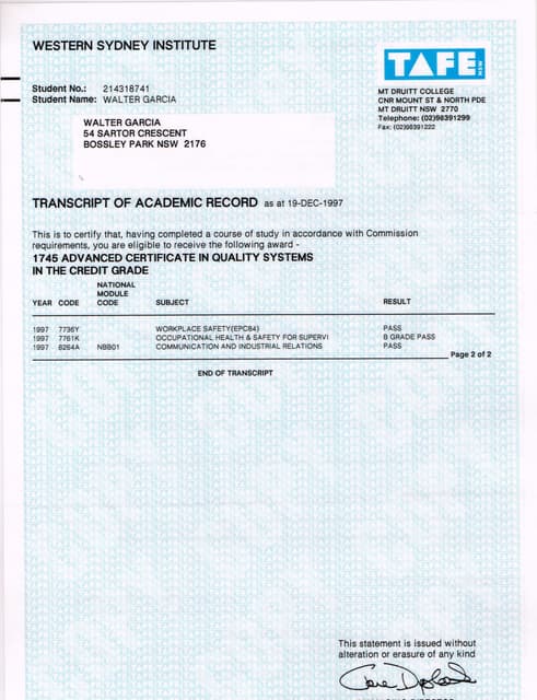 Tafe Certificate Advance Quality Systems | PDF