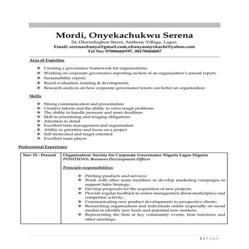 Onyekachukwu Serena Mordi - CV. BD | PDF