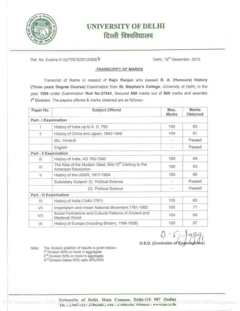 B.A. (Hons)- Delhi University, Degree Certificate | PDF