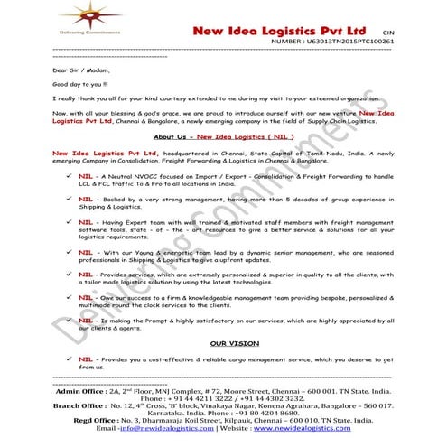 Introduction Letter - New Idea Logistics Pvt Ltd | DOC