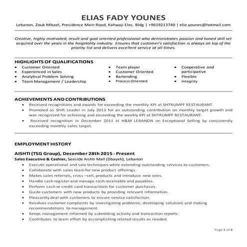 CV_ELIAS FADY YOUNES | DOCX | Hospitality Industry | Industries