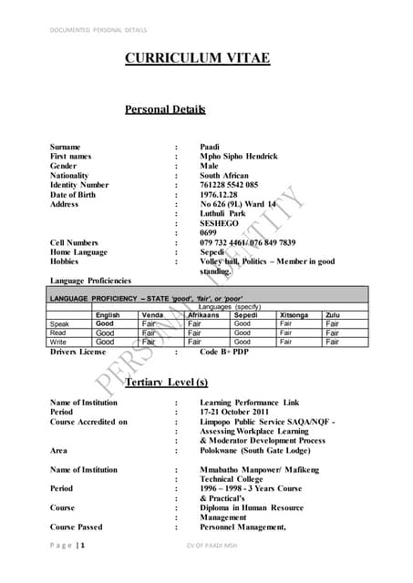 CV - D C BOTHA (December 2014) | PDF