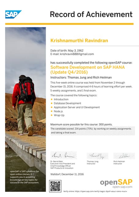 Next Steps in Software Development on SAP HANA-RecordOfAchievement | PDF