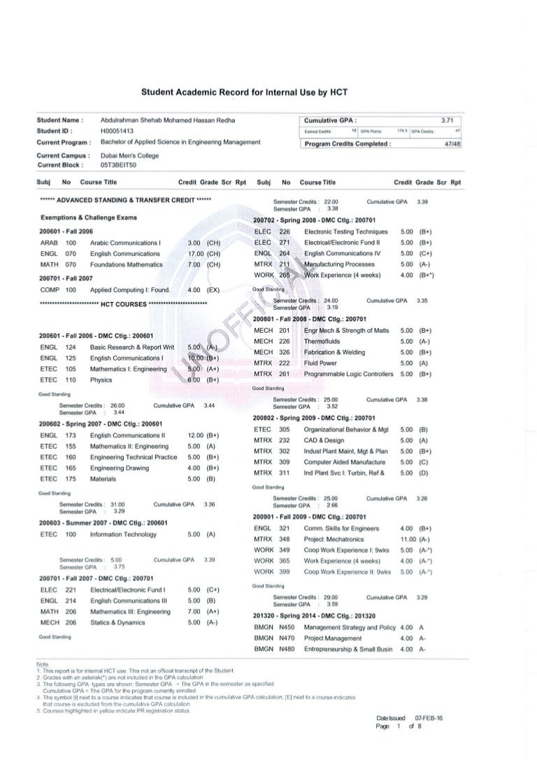 HCT Unoffical Transcript