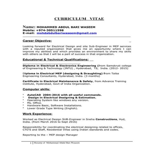 mep based resume 2 | DOC | Civil Engineering Industry | Industries