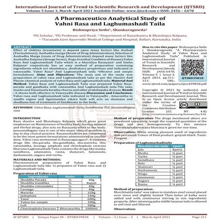 A Pharmaceutico Analytical Study of Vahni Rasa and Laghumashadi Taila | PDF