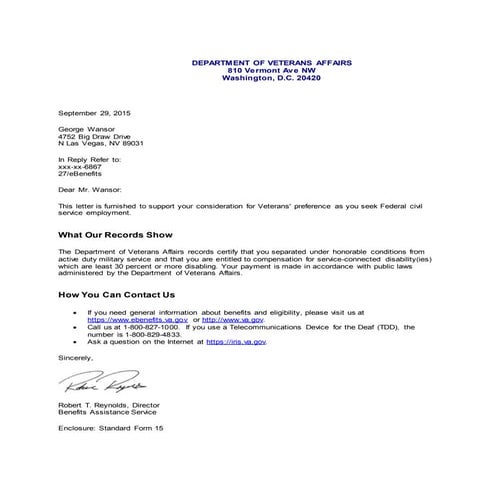 VA Benefit Verification Letter