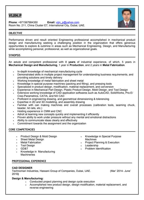 Resume_Mechanical Design Engineer_6.10 years experience | DOC | Manufacturing Industry | Industries