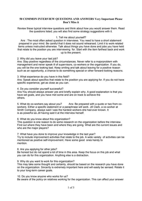 50 common interview questions and answers | DOC | Resume Writing and ...