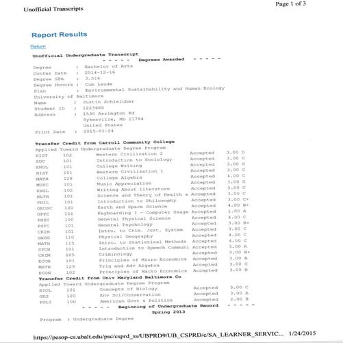 Justin Schleicher UB Transcript 1-24-15 | PDF