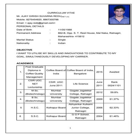 Ajay CURRICULUM VITAE Coffee | PDF