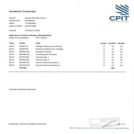 Interior Design Academic Transcript | PDF