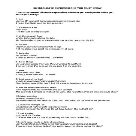50 idiomatic expressions you can use in your essays. | PDF
