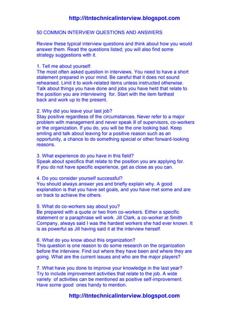 50 common interview questions and answers | DOC | Resume Writing and ...