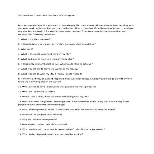50 Questions To Help You Find Your Life’s Purpose | PDF