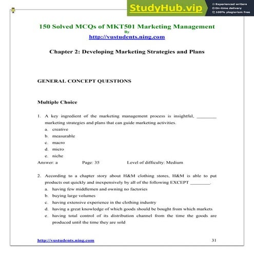 50 Solved MCQs of MKT501 Marketing Management Chapter 2 Developing ...