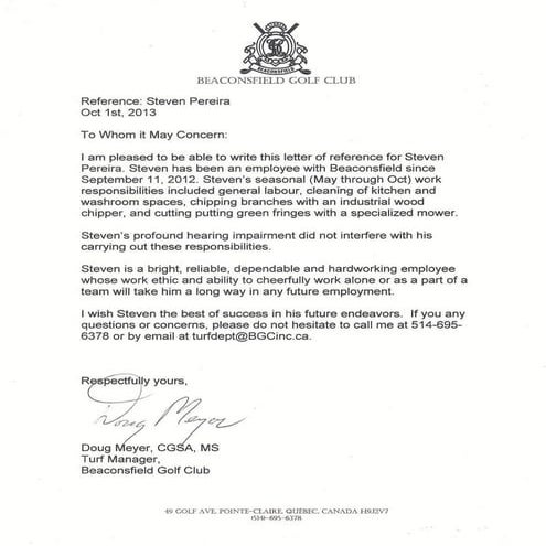 Reference Letter - Beaconsfield Golf Club (Doug Meyer) | DOC