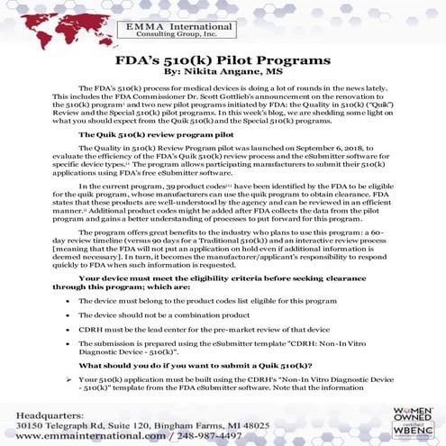 FDA’s 510(k) Pilot Programs | DOCX