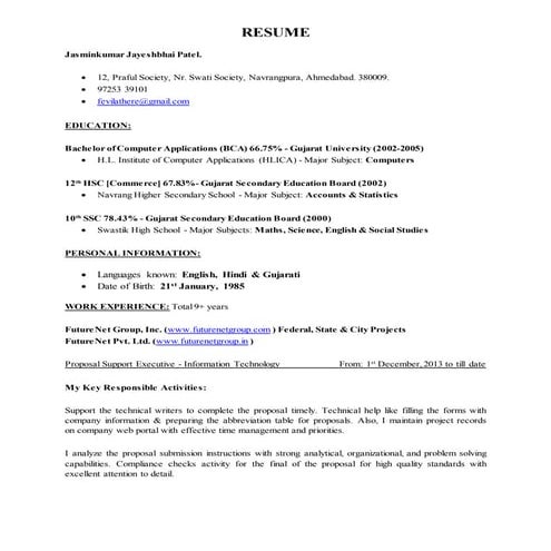 Resume for Store incharge | DOC