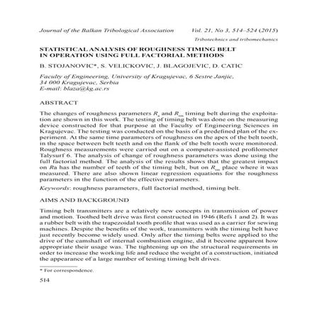 Statistical Analysis Of Roughness Timing Belt In Operation Using Full