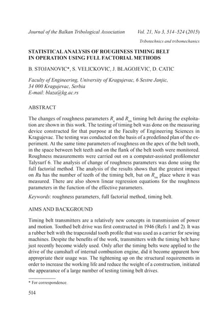 Statistical Analysis Of Roughness Timing Belt In Operation Using Full