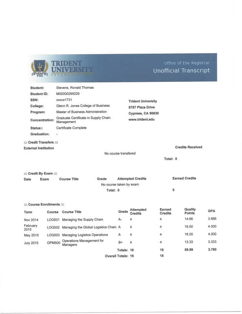 Master of Business Administration Transcript | PDF