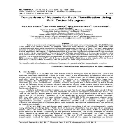 Comparison Of Methods For Batik Classification Using Multi Texton Histogram Pdf