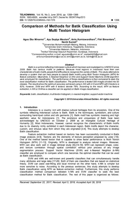 Comparison Of Methods For Batik Classification Using Multi Texton Histogram Pdf