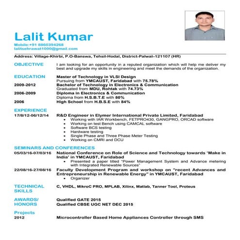 Lalit Kumar MVLSI-749-2K15 Resume | PDF