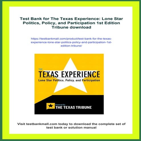 Test Bank for The Texas Experience: Lone Star Politics, Policy, and ...