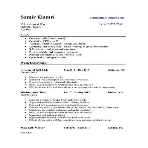 Chef Samir Resume | DOCX