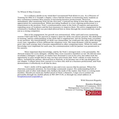 DECA - Letter of Recommendation | PDF