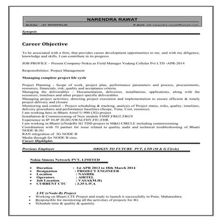 CV_NARENDRA_RAWAT_EXP-10_YEARS_TELECOM_OPS._AND_PROJECT | DOC