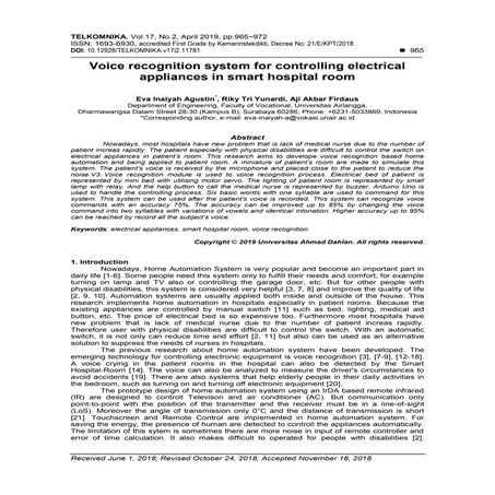 Voice recognition system for controlling electrical appliances in smart hospital room | PDF