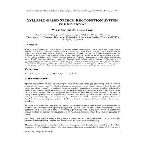 Syllable Based Speech Recognition System For Myanmar Pdf
