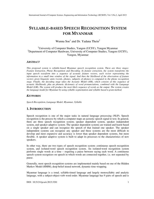 Syllable Based Speech Recognition System For Myanmar Pdf