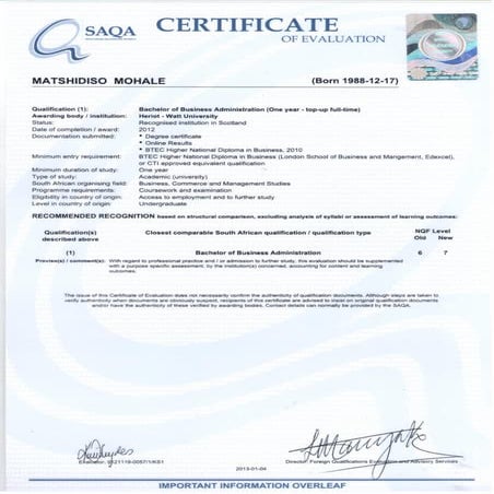 SAQA Certificate | PDF