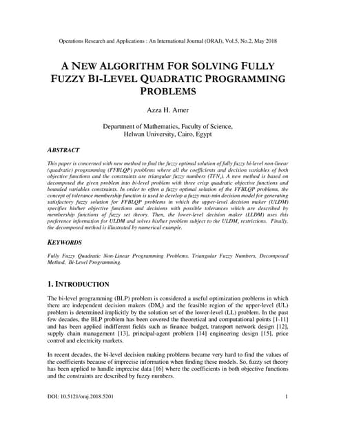 A New Algorithm For Solving Fully Fuzzy Bi Level Quadratic Programming Problems Pdf 6380