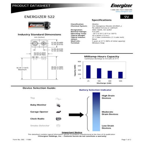 Product Datasheet Energizer 522 Pdf