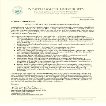 NSU Experience Letter and Recom for Asst. to VC | PDF
