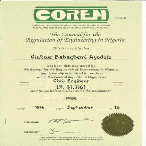 AYODELE OLUKOLE's COREN Certificate | PDF