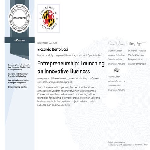 Coursera Entrepreneurship- Launching an Innovative Business 2015 | PPT