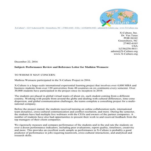 Recommendation letter & certificate from X-culture Wemaere | PDF