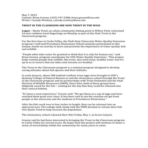 TROUT IN THE CLASSRROOM ARE NOW TROUT IN THE WILD | PDF | Fish and ...